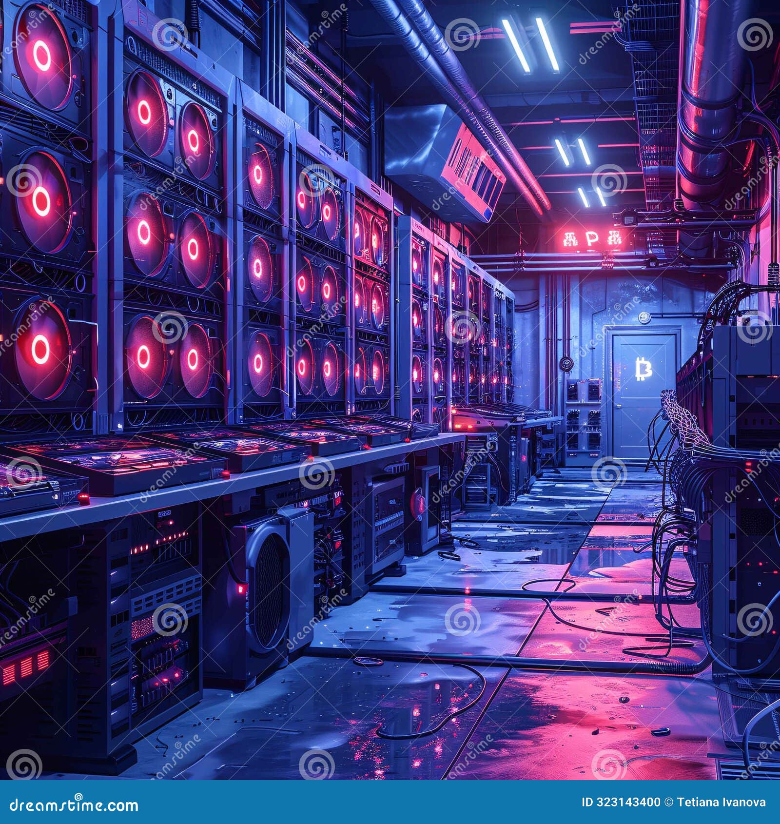 Powerful Computers and Cooling Fans in Mining Farm. Stock Illustration ...