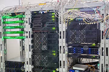 Powerful Computers Work at the Data Center Racks Behind a Glass Wall ...
