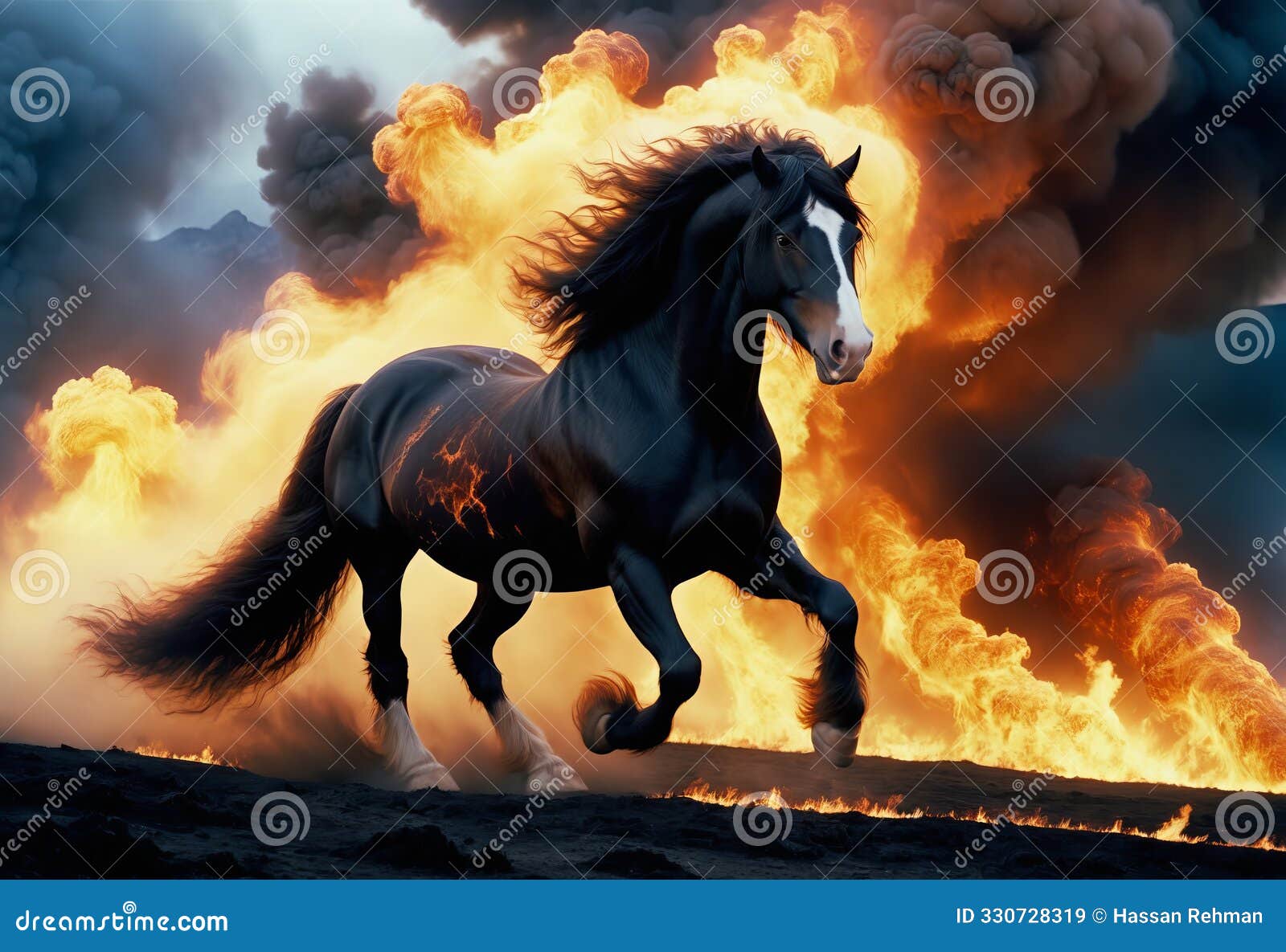 A Powerful, Dark-colored Horse with Fiery Mane and Tail Stock ...
