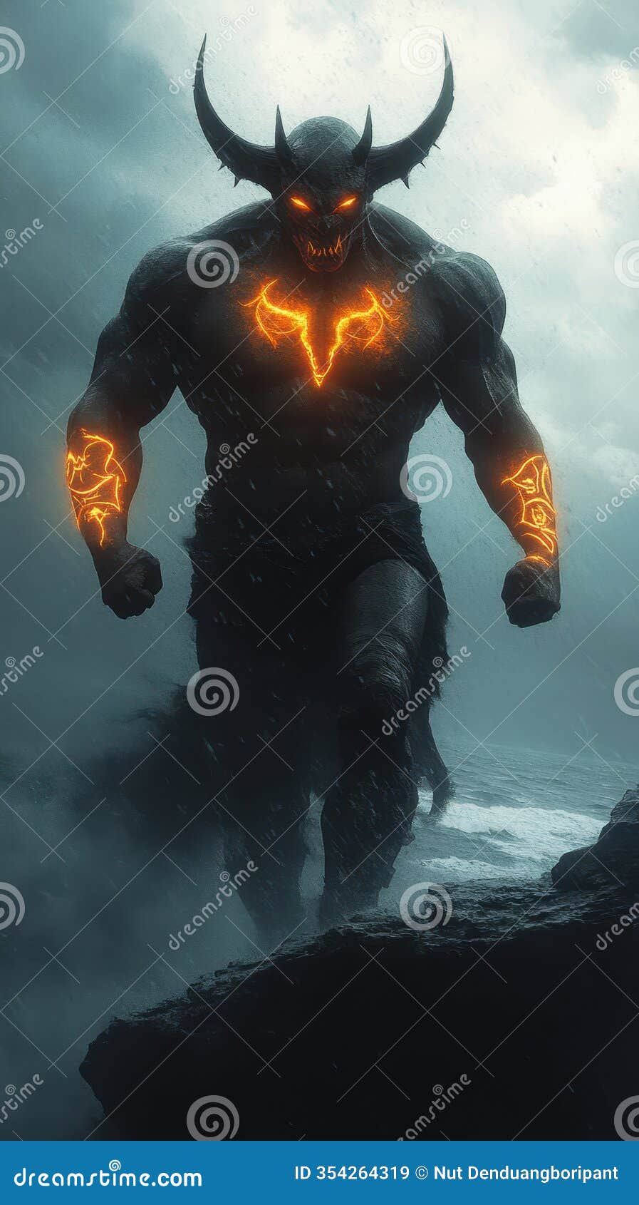 Powerful Demon with Glowing Tattoos and Sharp Horns Stock Illustration ...