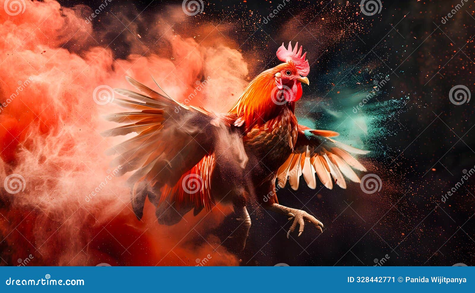 Powerful and Dynamic of a Roaring Rooster in Mid Flight Engulfed in a ...