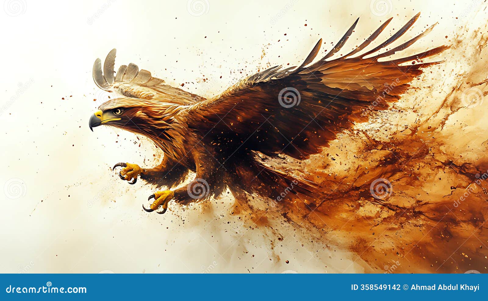 Powerful Eagle in Flight, Dust and Feathers Exploding Stock ...