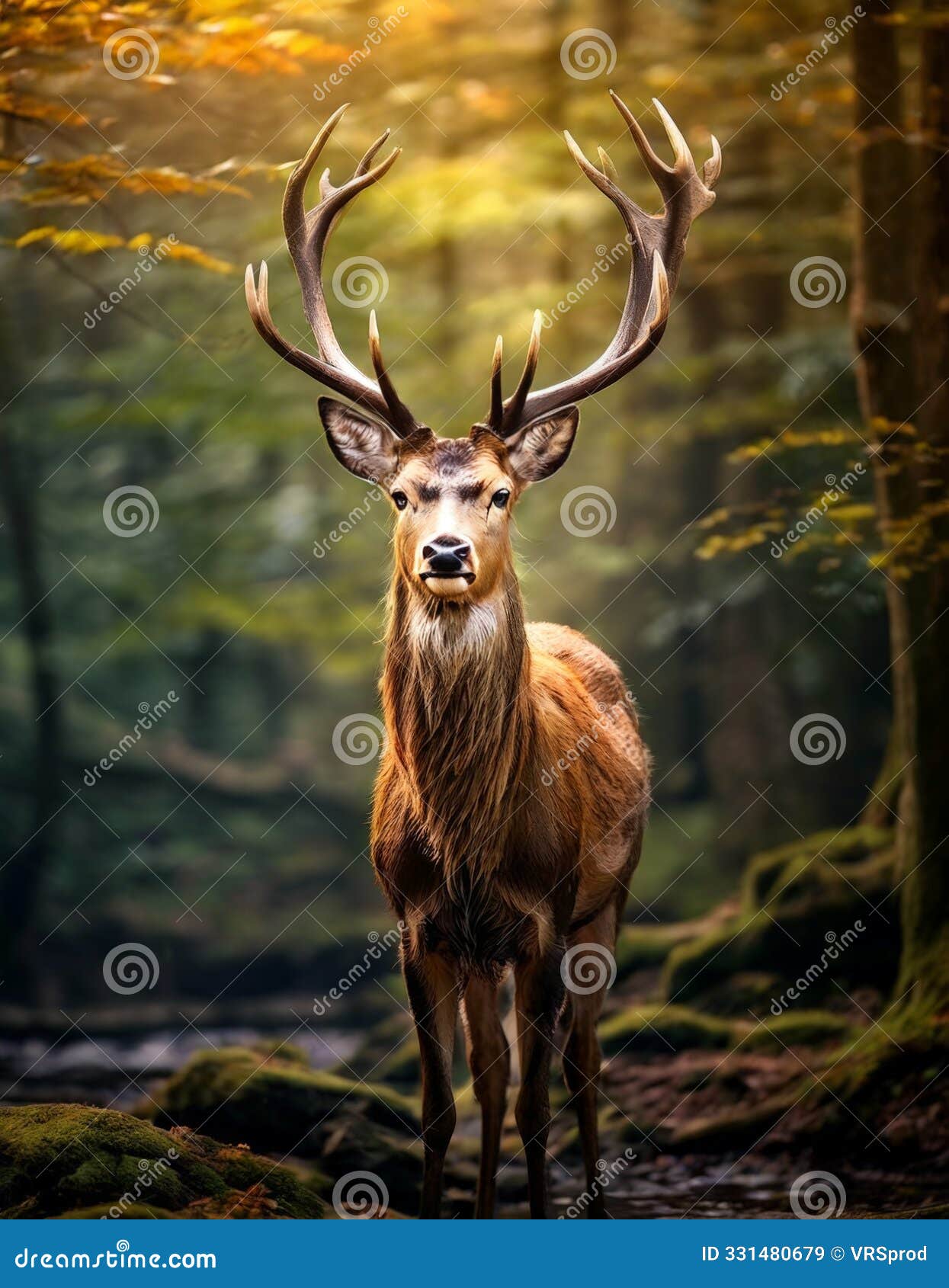 Majestic Stag in a Misty Forest Illuminated by Soft Sunlight Stock ...