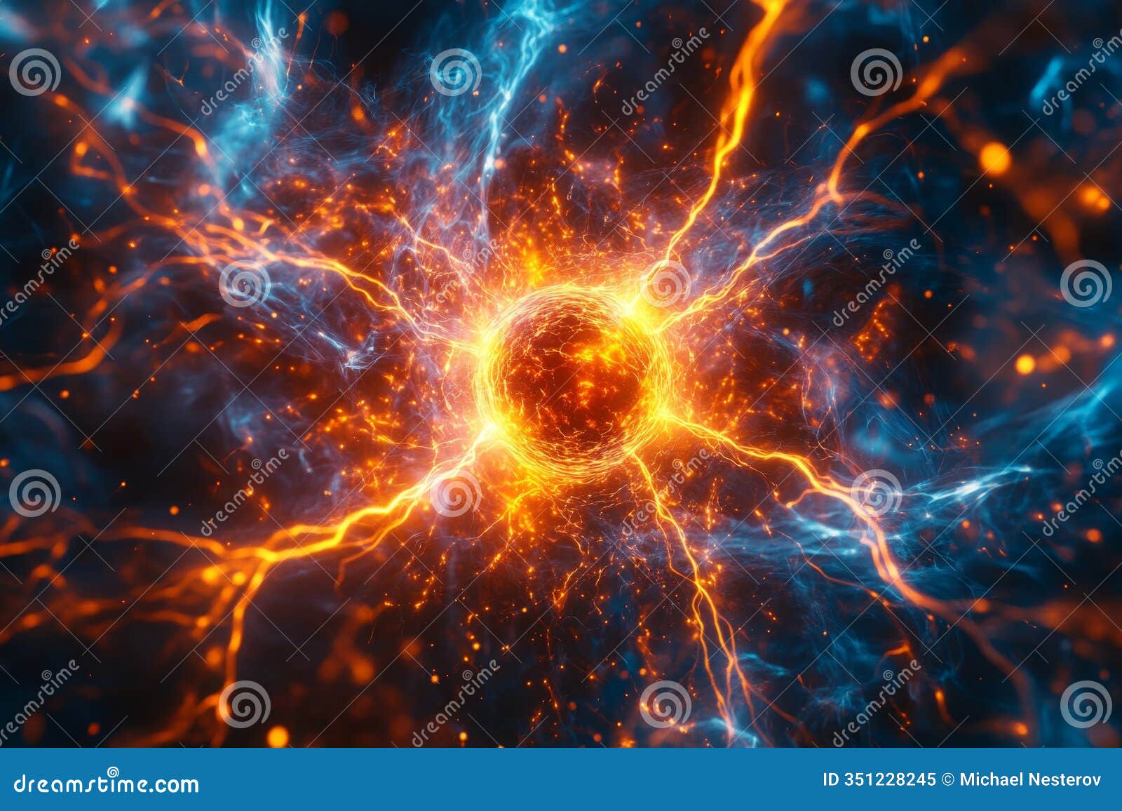 Powerful Energy Sphere Exploding with Orange and Blue Plasma Filaments ...