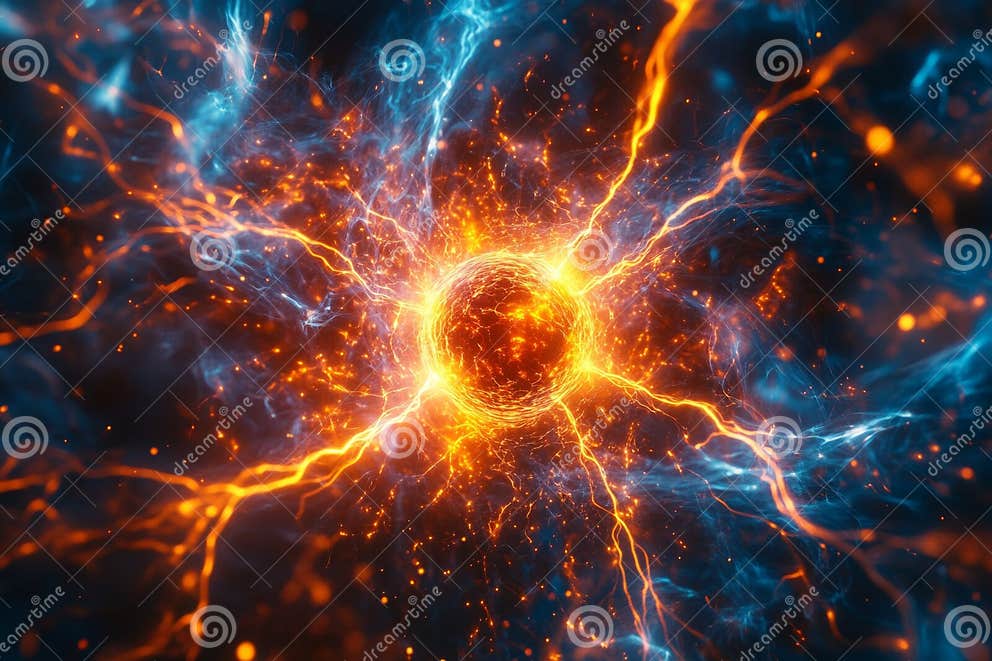 Powerful Energy Sphere Exploding with Orange and Blue Plasma Filaments ...
