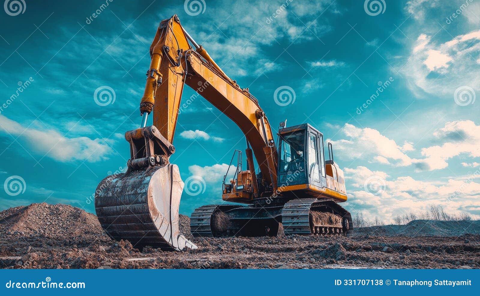 Powerful Excavator on Construction Site with Blue Sky an Excavator is ...
