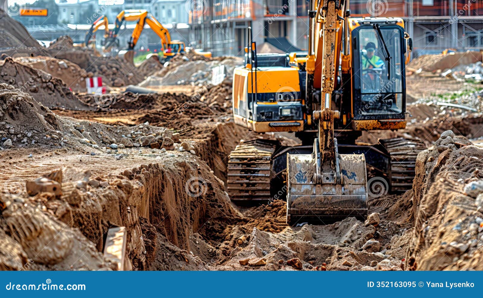 Powerful Excavator Digging on Active Construction Site for Urban ...