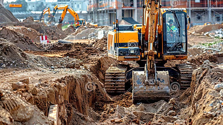Powerful Excavator Digging on Active Construction Site for Urban ...