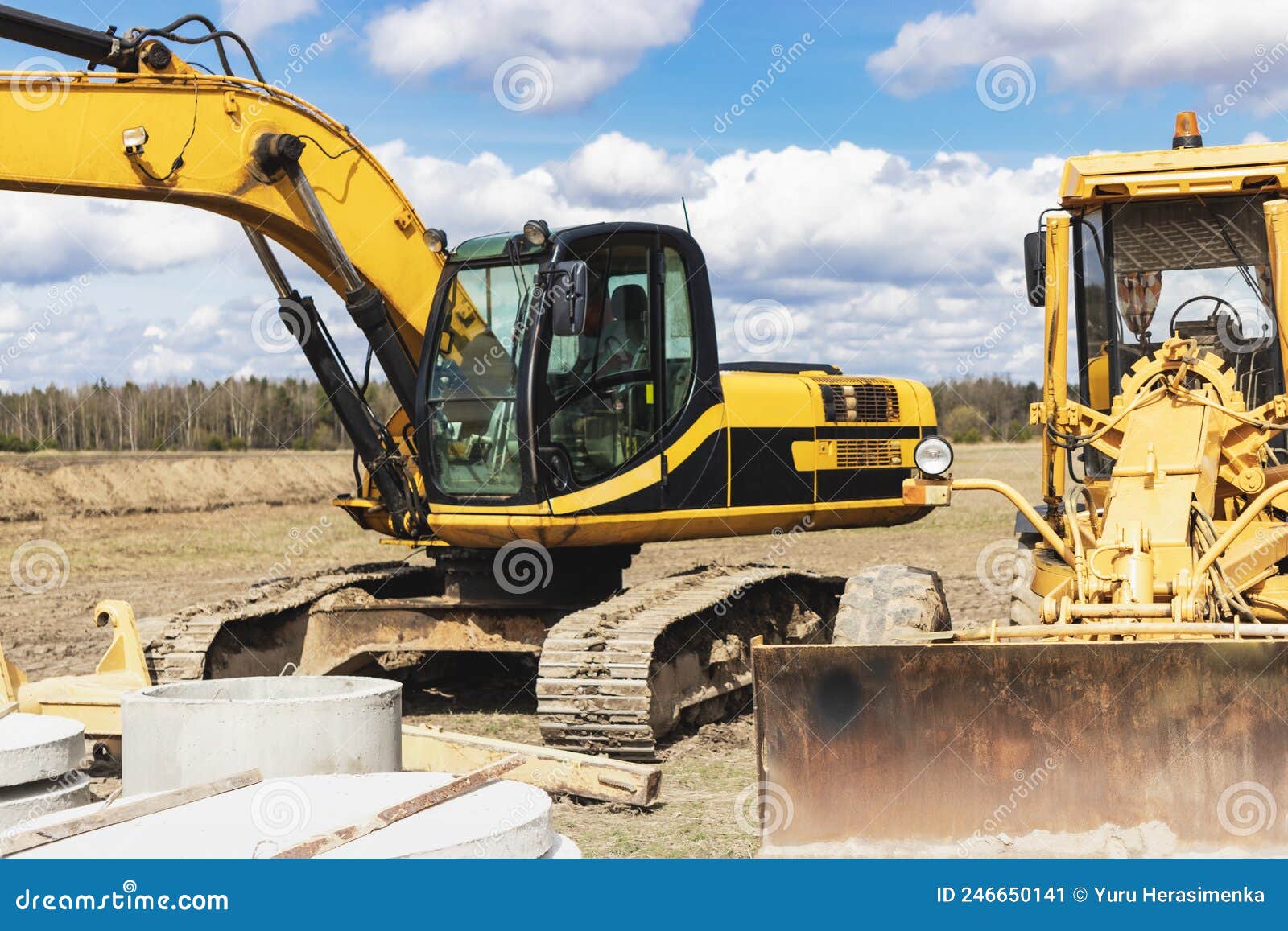Powerful Excavator Work on a Construction Site, Sunny Blue Sky in the ...