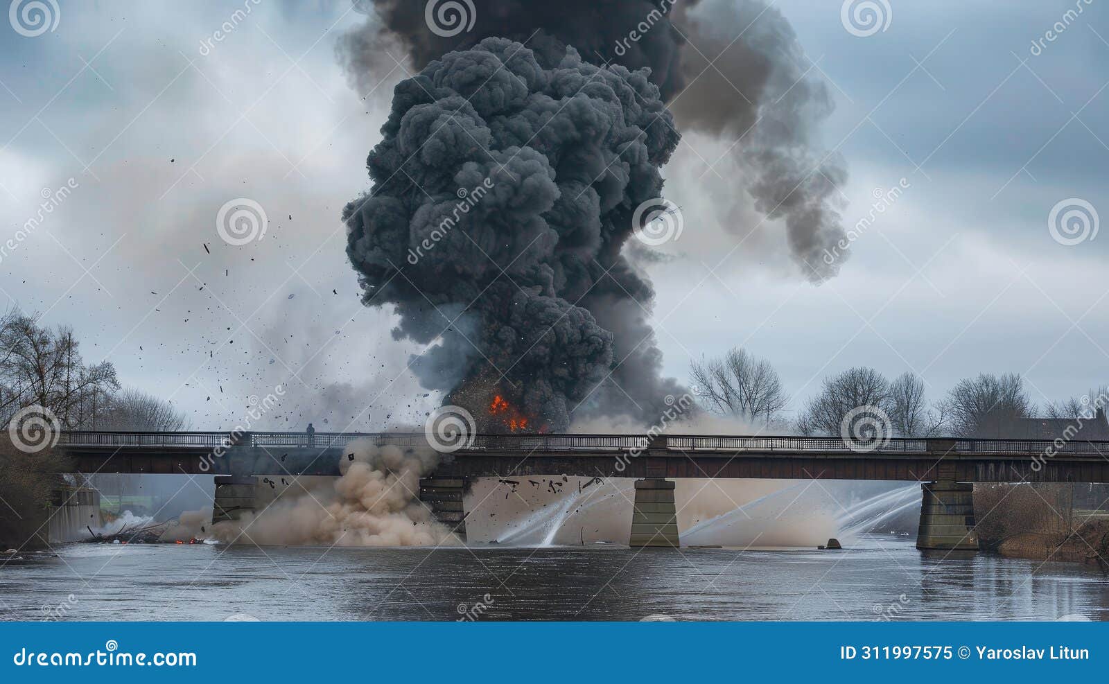 Powerful Explosion on a Concrete Road Bridge during the Day. Burning ...
