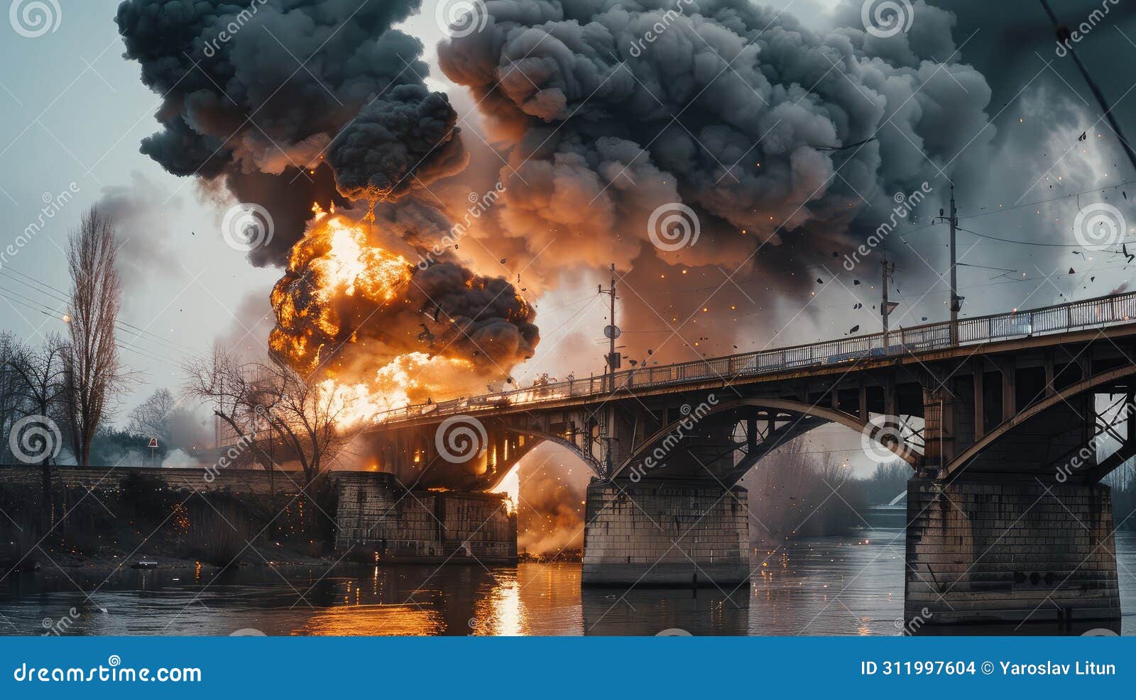 Powerful Explosion on a Concrete Road Bridge during the Day. Burning ...