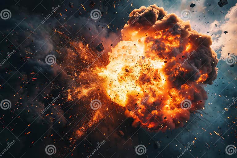Powerful Explosion Creating Fireball and Debris Cloud Stock ...