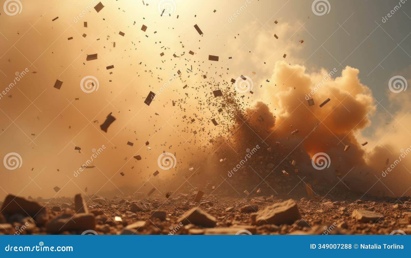 Powerful Explosion Sending Debris into the Air with Swirling Dust and a ...