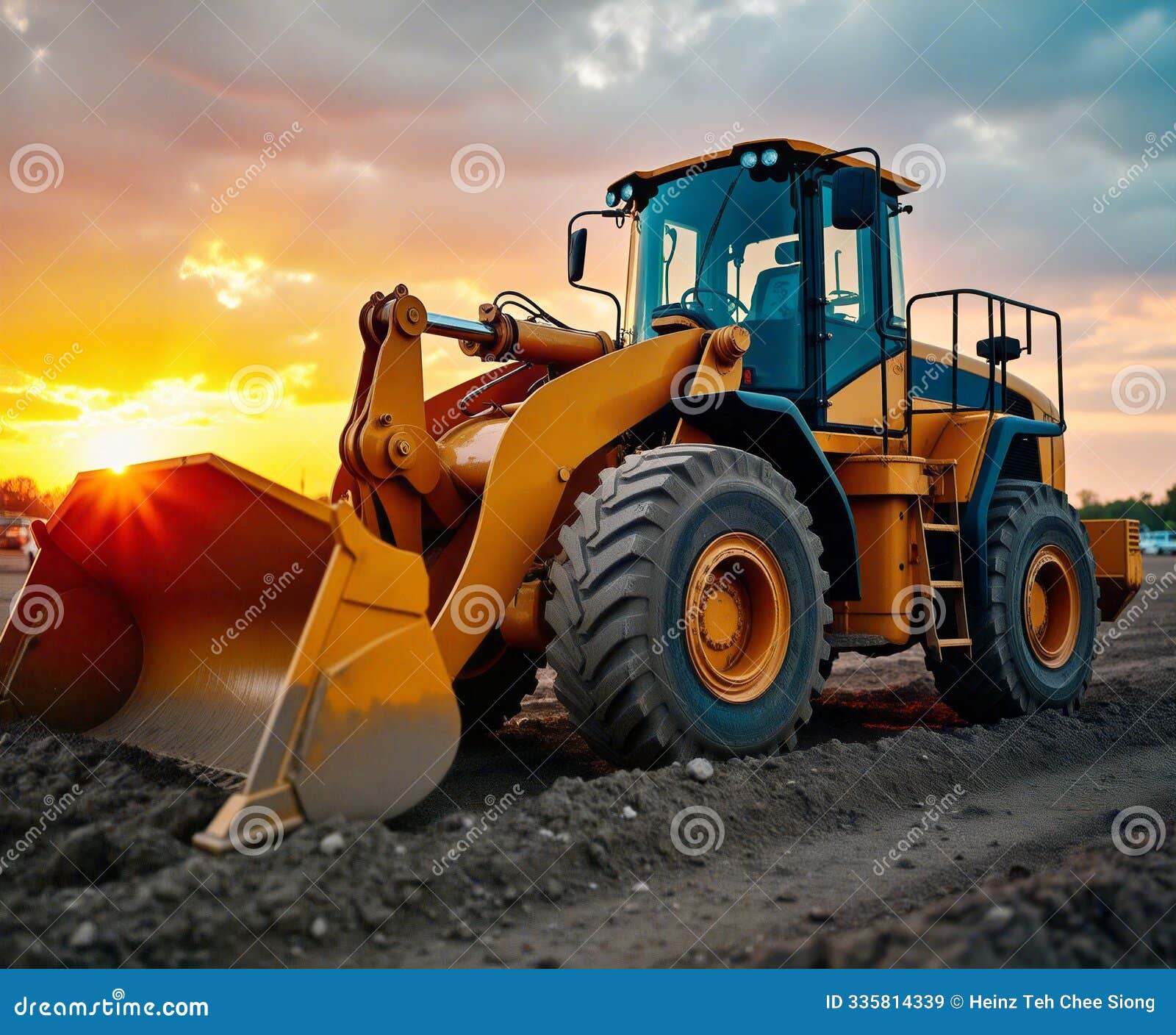 Powerful Front End Loader Standing on Construction Site at Sunset Stock ...