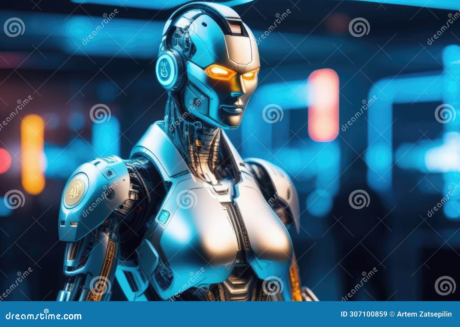 Powerful Futuristic Android Robot with Metallic Body and Glowing Eyes ...