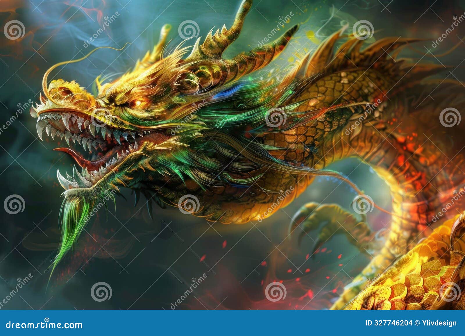 Powerful Golden Dragon Emerging from Darkness Breathing Fire Stock ...
