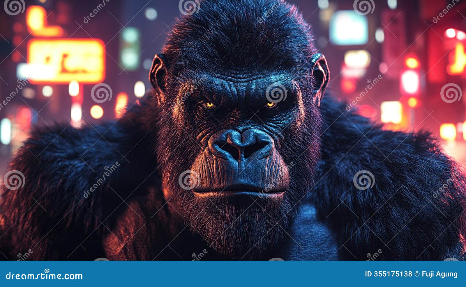 Powerful Gorilla Portrait in Neon City at Night Stock Illustration ...