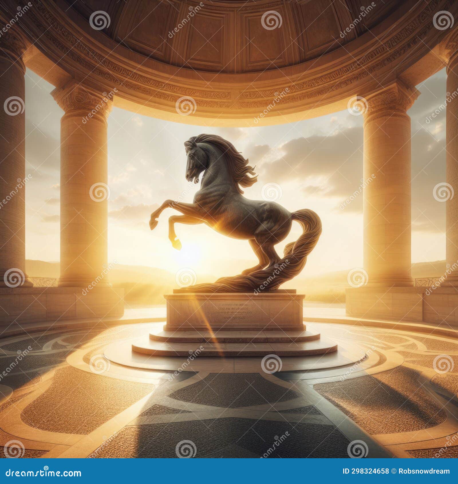 Powerful Horses Statue Against a Rising Sun Stock Photo - Image of ...