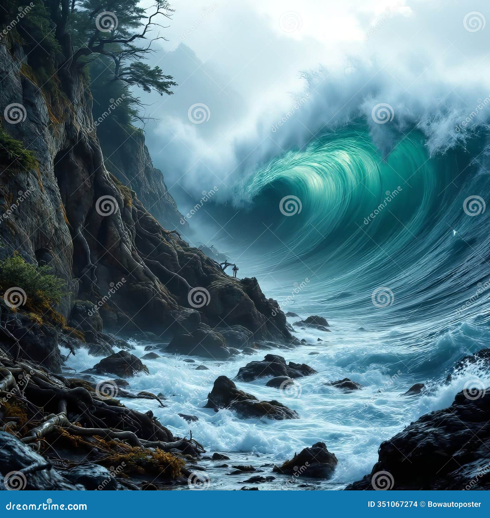 Surging Tsunami Wave. Typhoon Flooding Disaster. Cartoon Vector ...