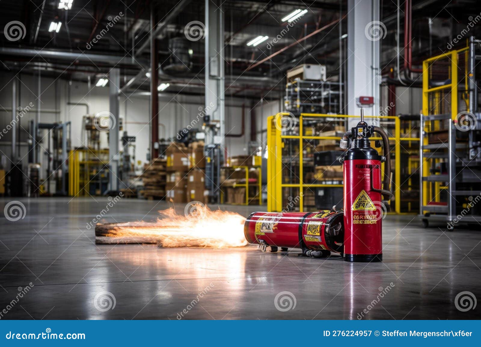 Fire Extinguisher in Action at Industrial Warehouse Stock Illustration ...