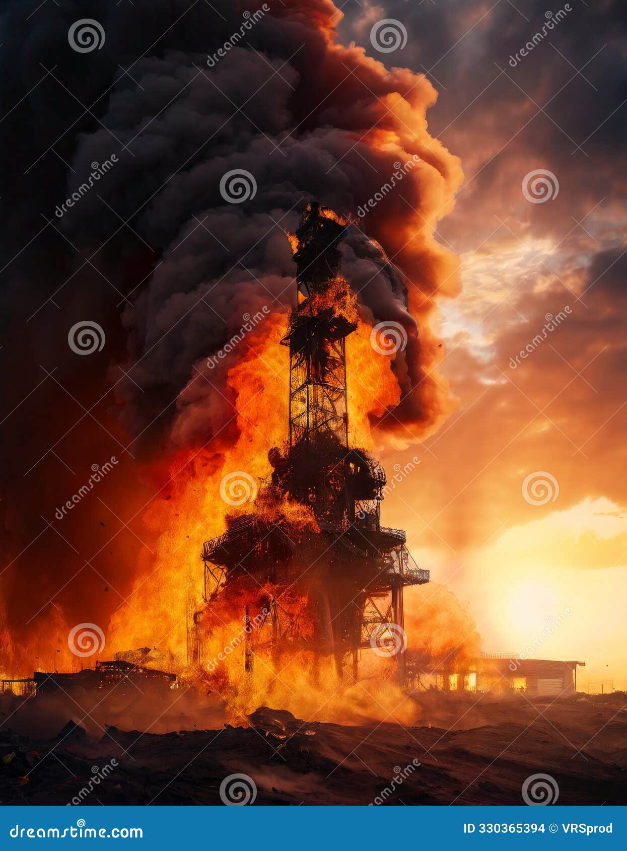 Oil Rig Explosion Engulfed in Flames with Thick Smoke Stock Photo ...