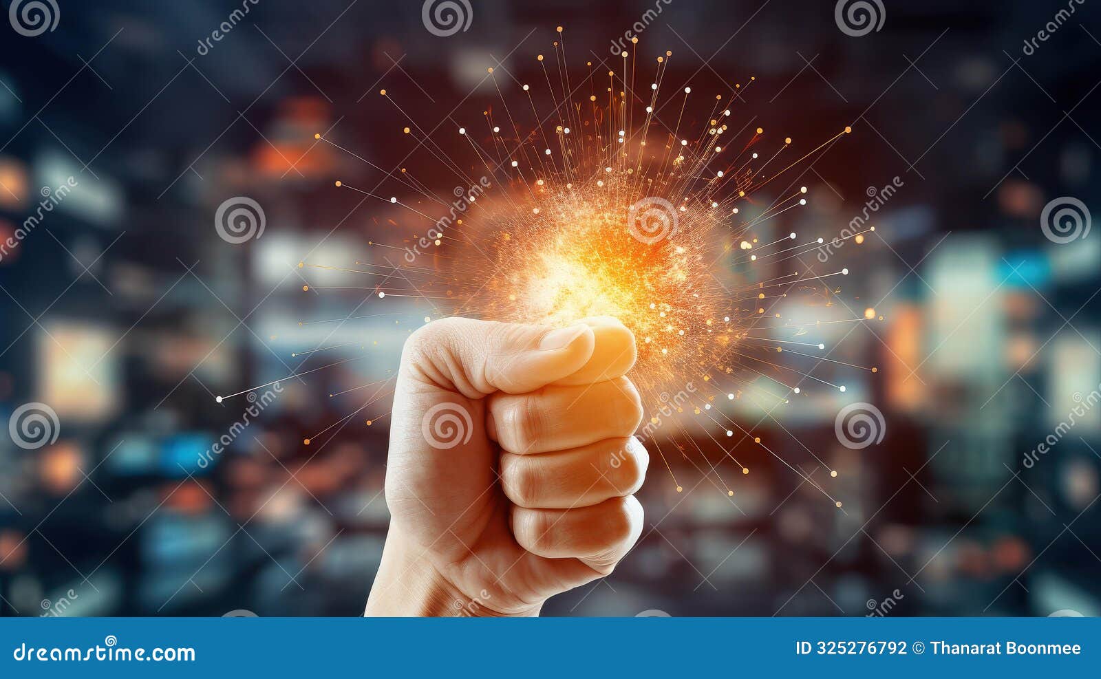 Powerful Image of a Clenched Fist Against a Digital Network Backdrop, Symbolizing Strength and ...