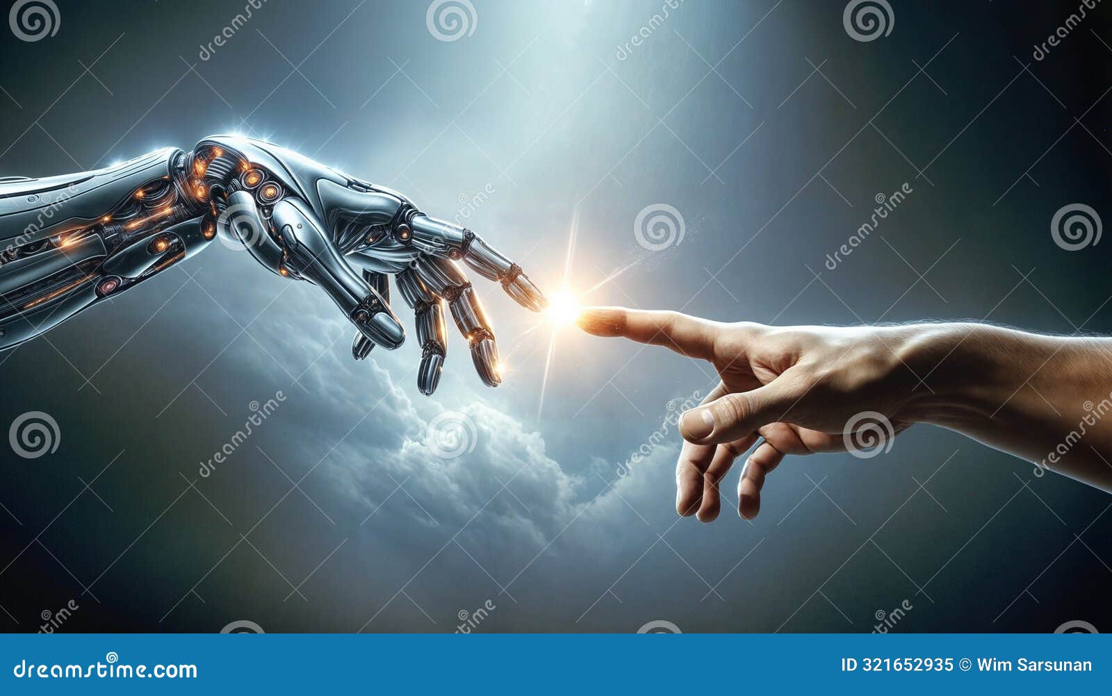 Human and Robot Hands Touching with Light Stock Illustration ...