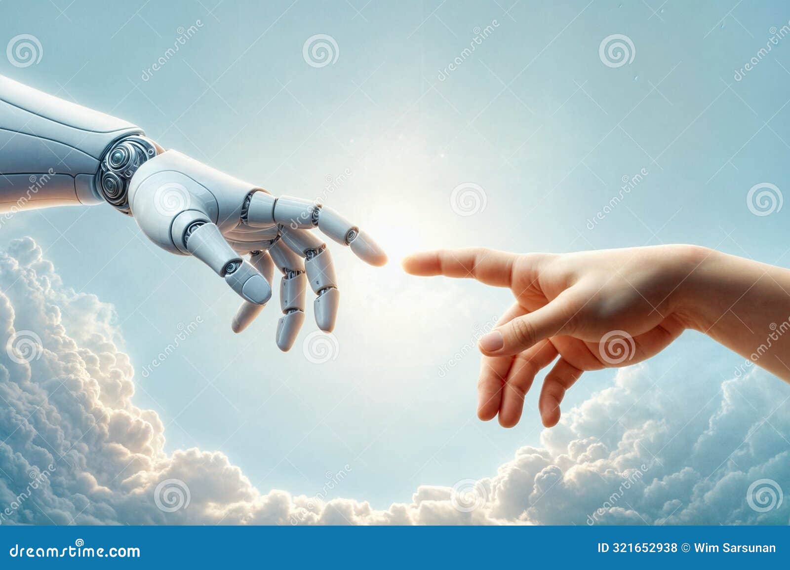 Human and Robot Hands Touching with Light Stock Illustration ...