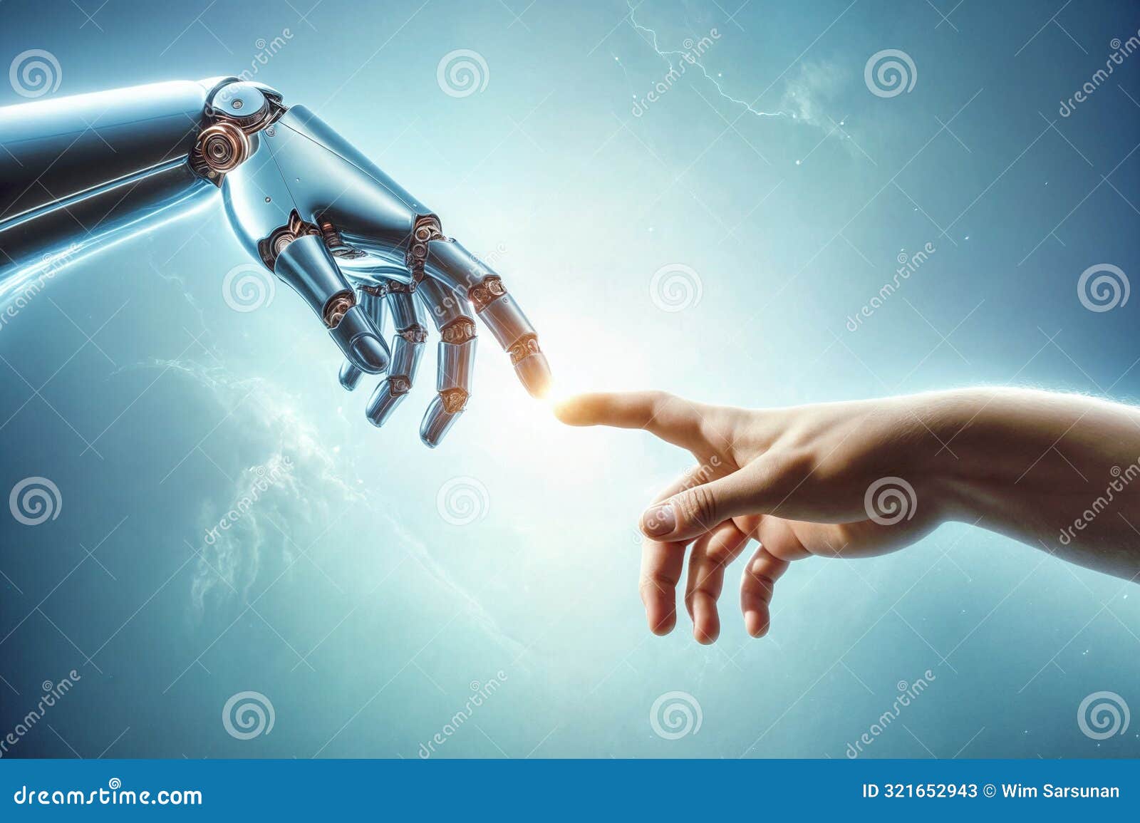 Human and Robot Hands Touching with Light Stock Illustration ...