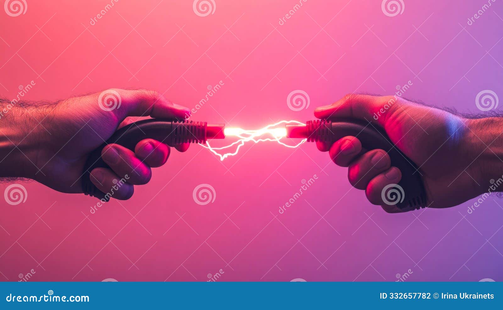 Two Hands Hold Wires Generating Electric Sparks between Them. the Image Showcases Vibrant Colors ...