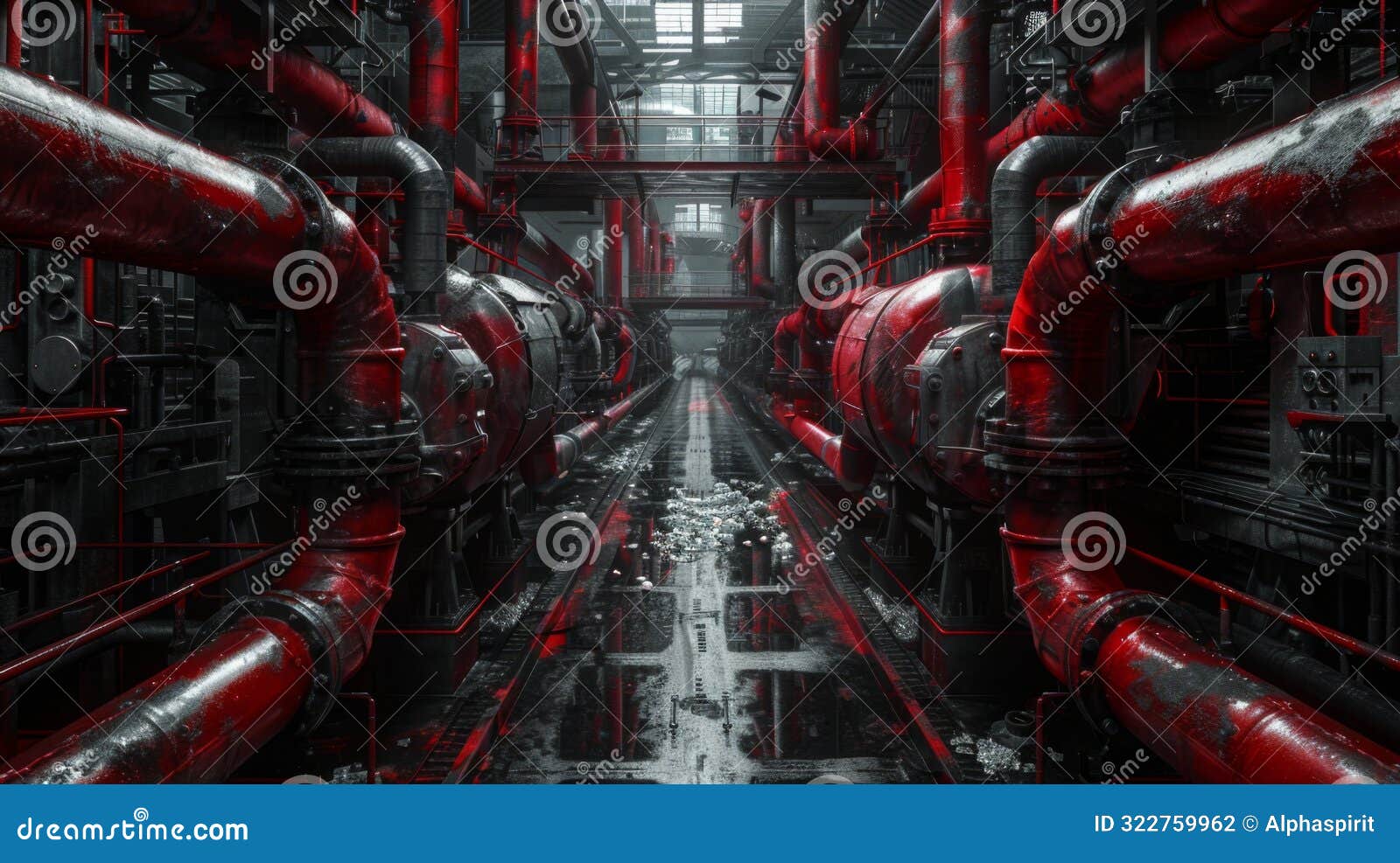 Industrial Corridor Featuring Red Pipes and Metal Structures, Creating ...