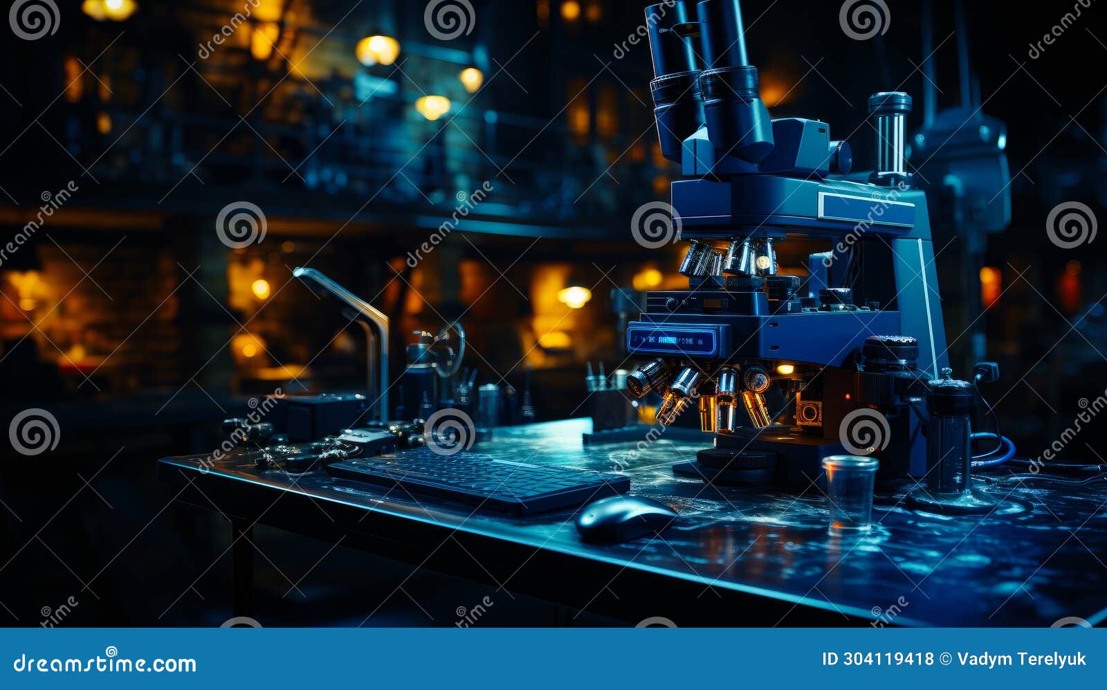 Powerful Innovative Microscope on the Table in the Lab. Computer ...