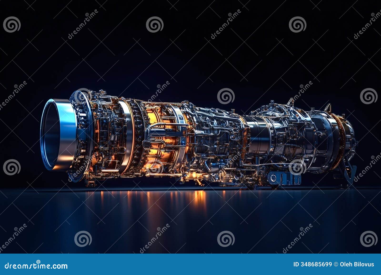 Powerful Jet Engine Shining in the Dark on Reflective Surface Stock ...