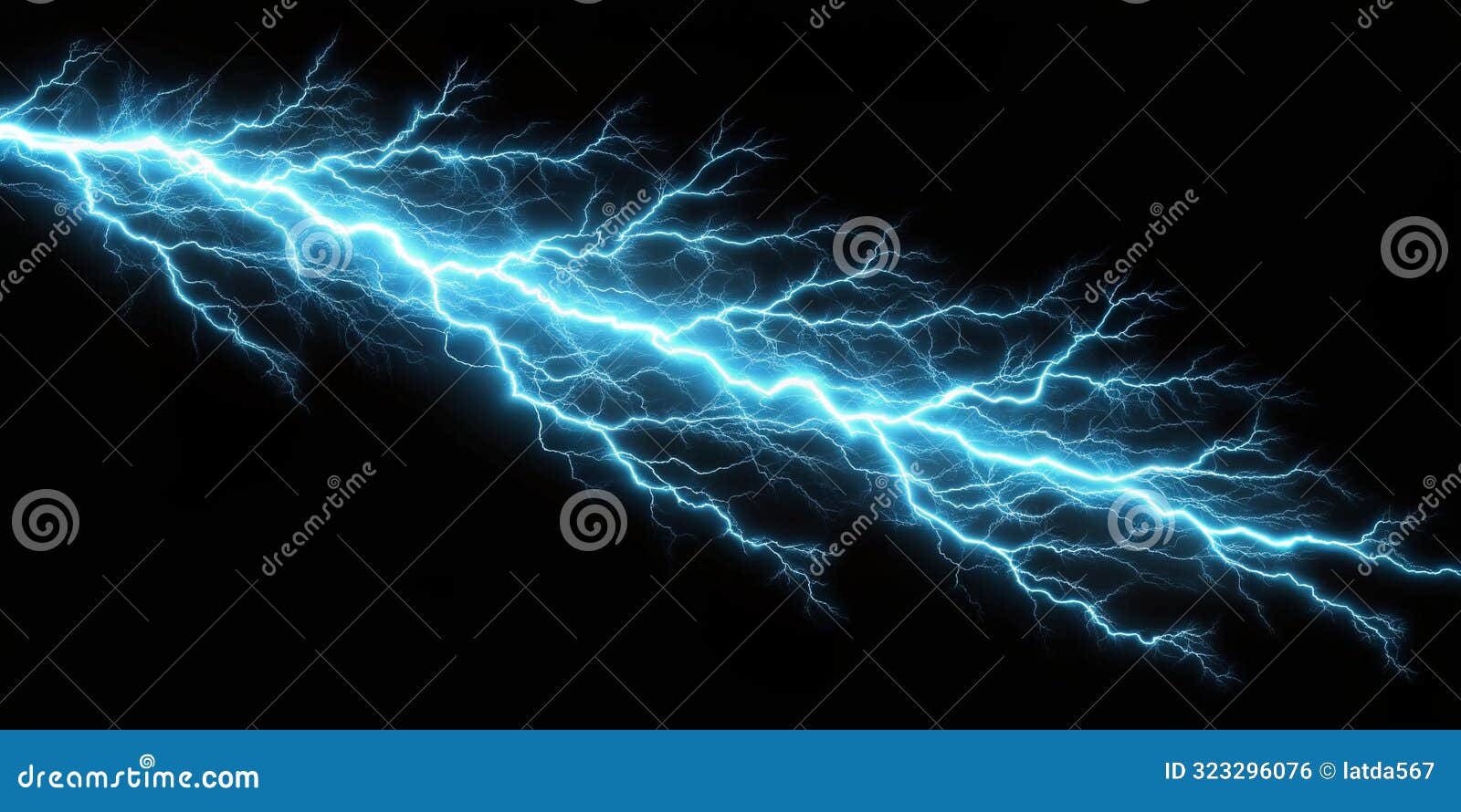 A Powerful Light Blue Lightning Electrical Strike or Bolt on a Black ...