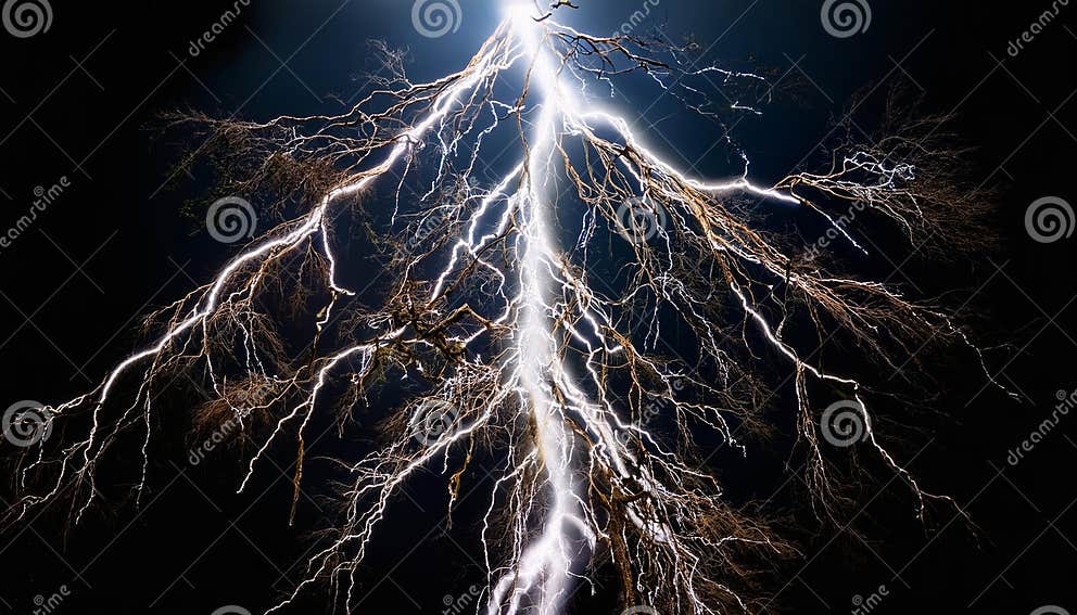 Lightning Bolt Striking Tree Branches in Night Sky Dramatic Weather ...