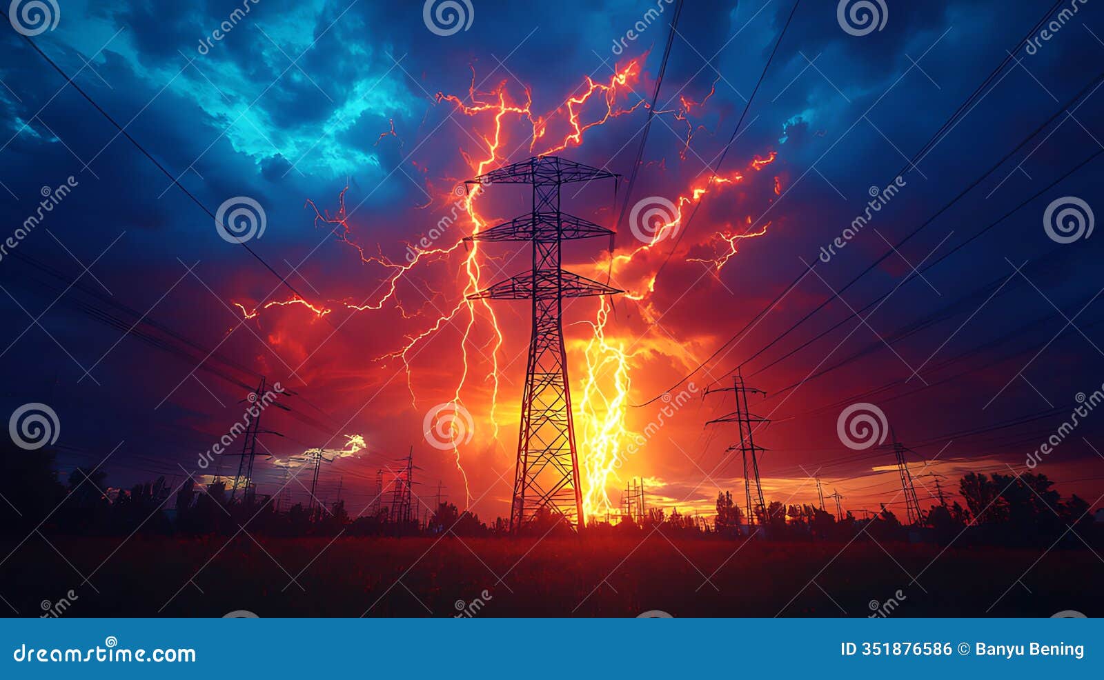 A Powerful Lightning Bolt Strikes a High-voltage Power Line Tower ...