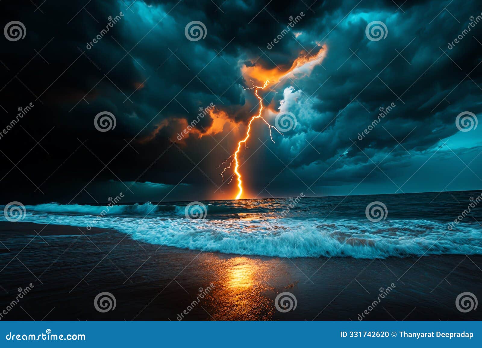A Powerful Lightning Bolt Strikes the Ocean during a Dramatic Storm ...