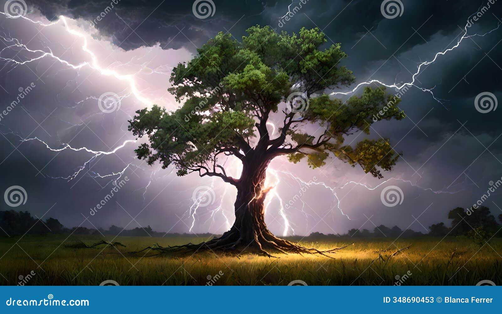 A Powerful Lightning Bolt Striking a Tree Stock Illustration ...
