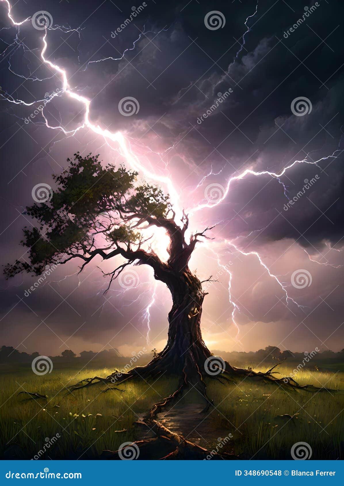 A Powerful Lightning Bolt Striking a Tree Stock Illustration ...