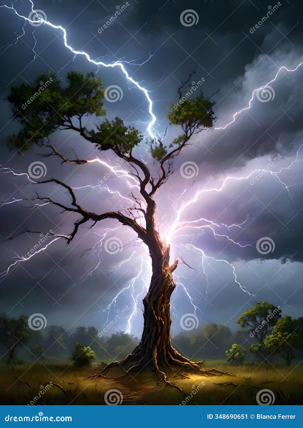 A Powerful Lightning Bolt Striking a Tree Stock Illustration ...