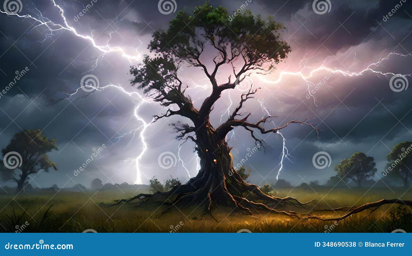 A Powerful Lightning Bolt Striking a Tree Stock Illustration ...
