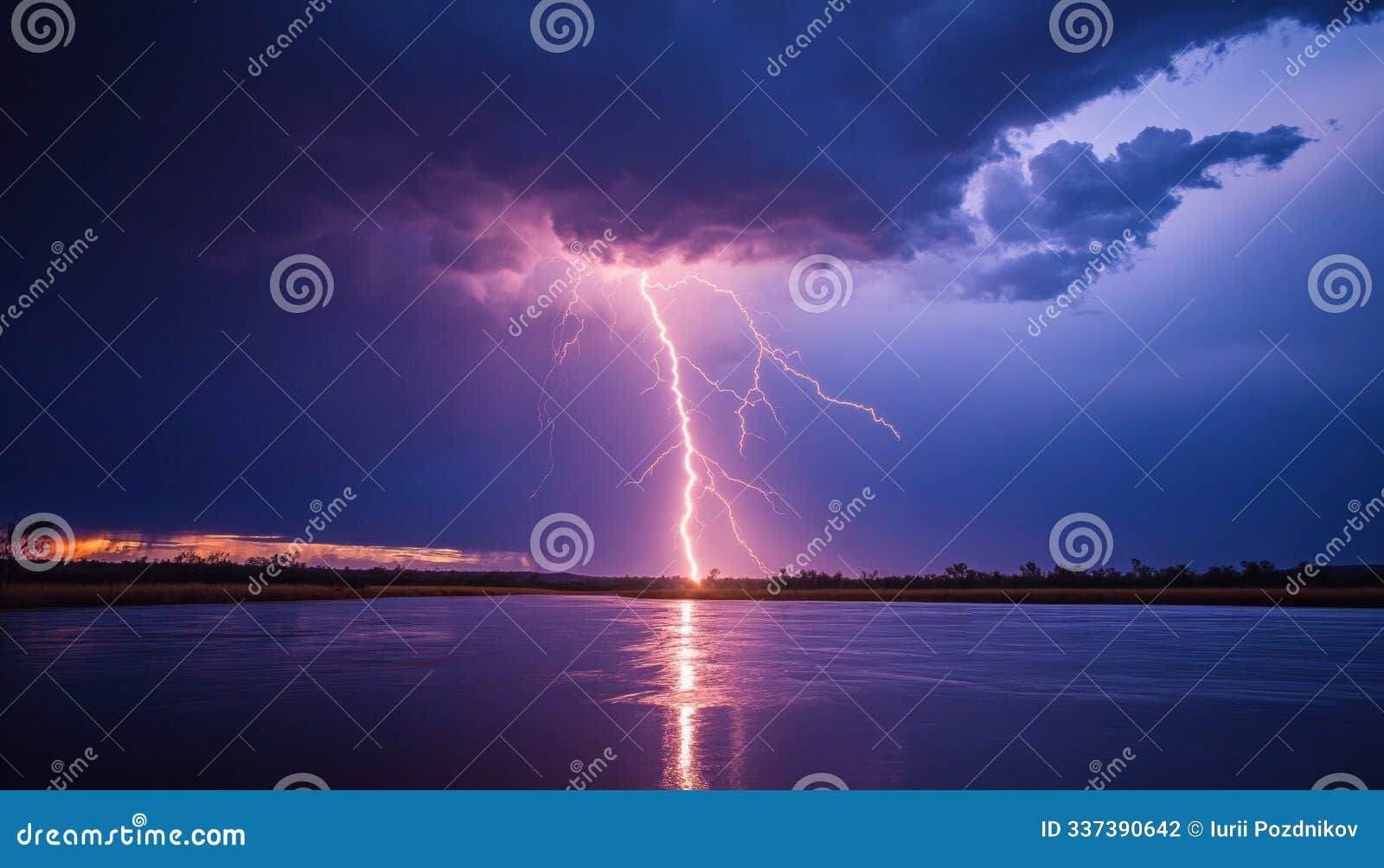 Powerful Lightning Bolt Striking Water Surface at Night Stock Photo ...