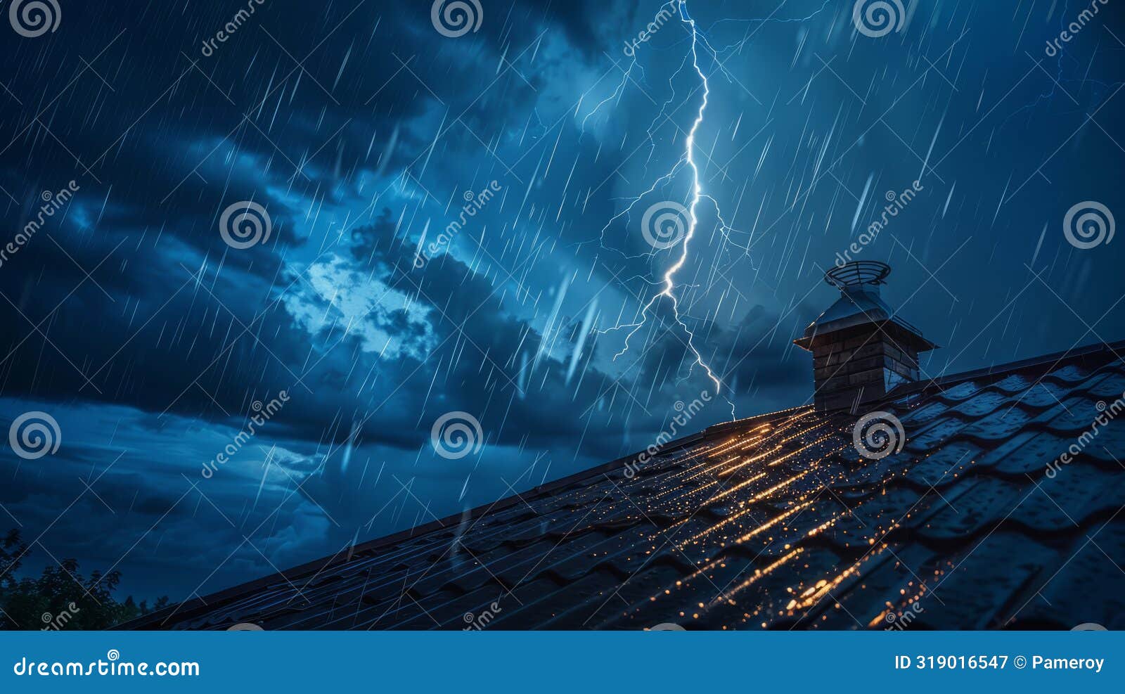 A Powerful Lightning Storm with Heavy Rain Over a House, Capturing the ...