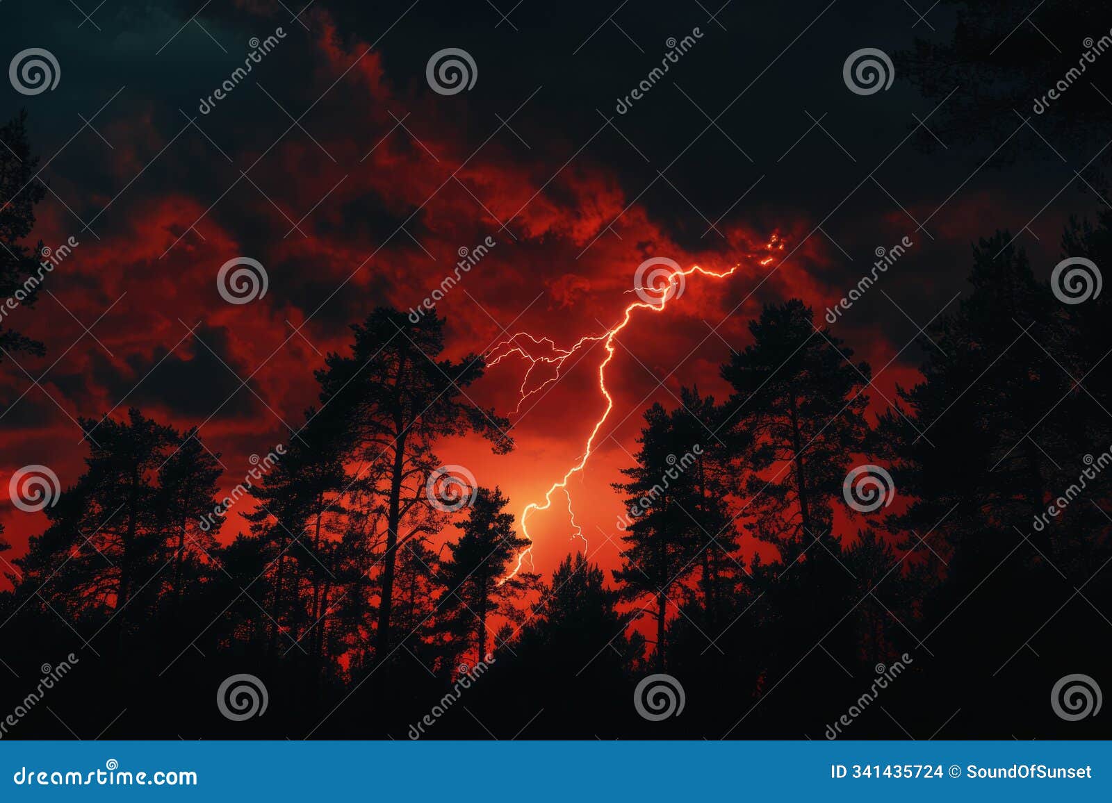 Powerful Lightning Strike with Dark Red Storm Clouds Above the Forest ...