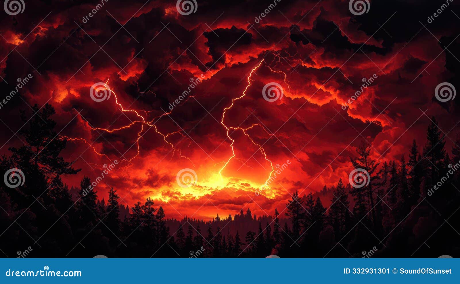 Powerful Lightning Strike with Dark Red Storm Clouds Above the Forest ...