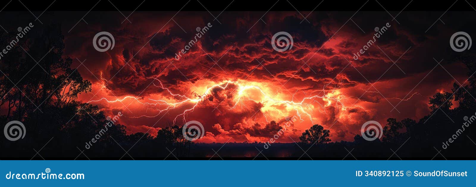 Powerful Lightning Strike with Dark Red Storm Clouds Above the Forest ...
