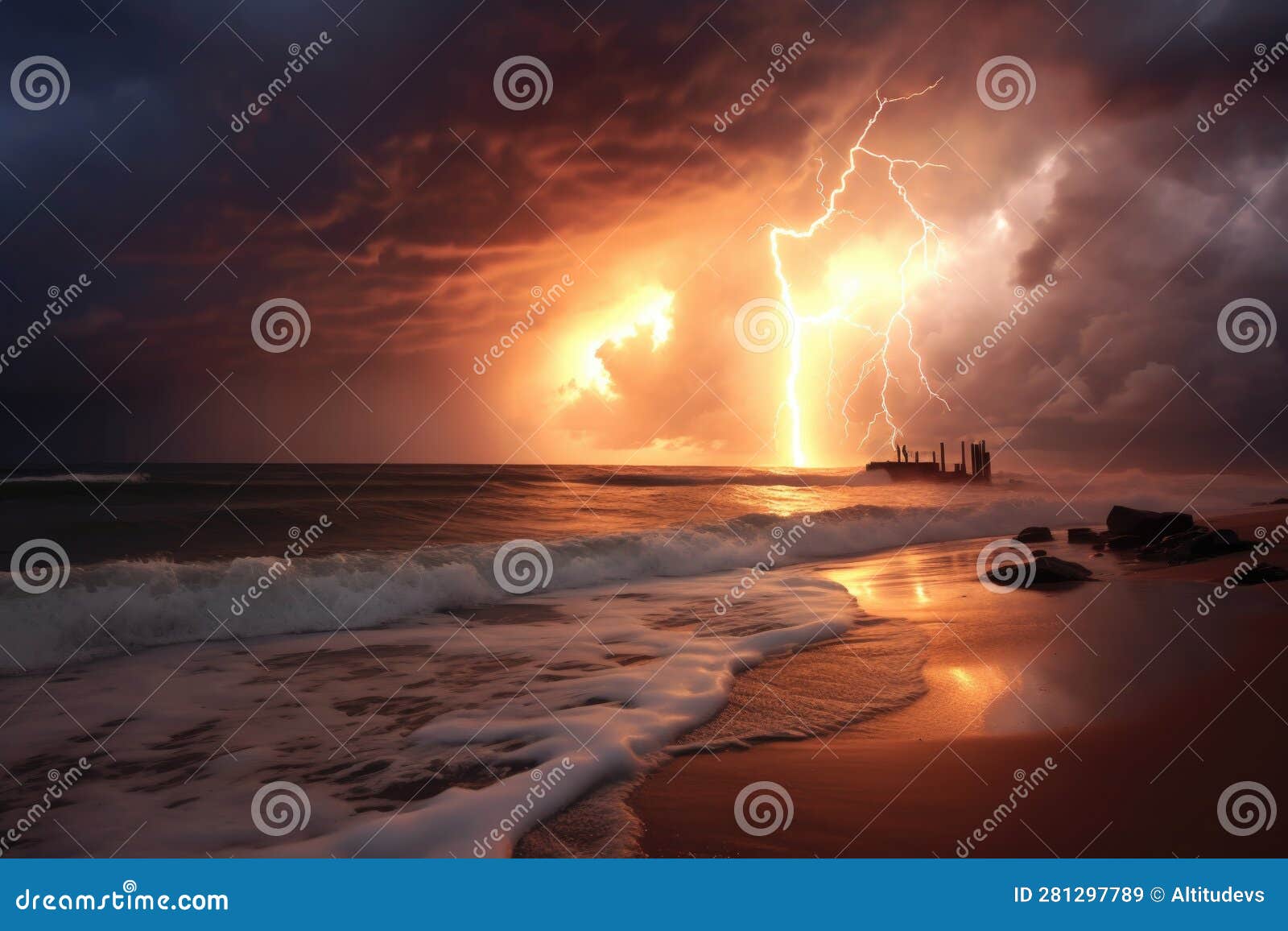 Powerful Lightning Strike on Distant Ocean Waves Stock Illustration ...