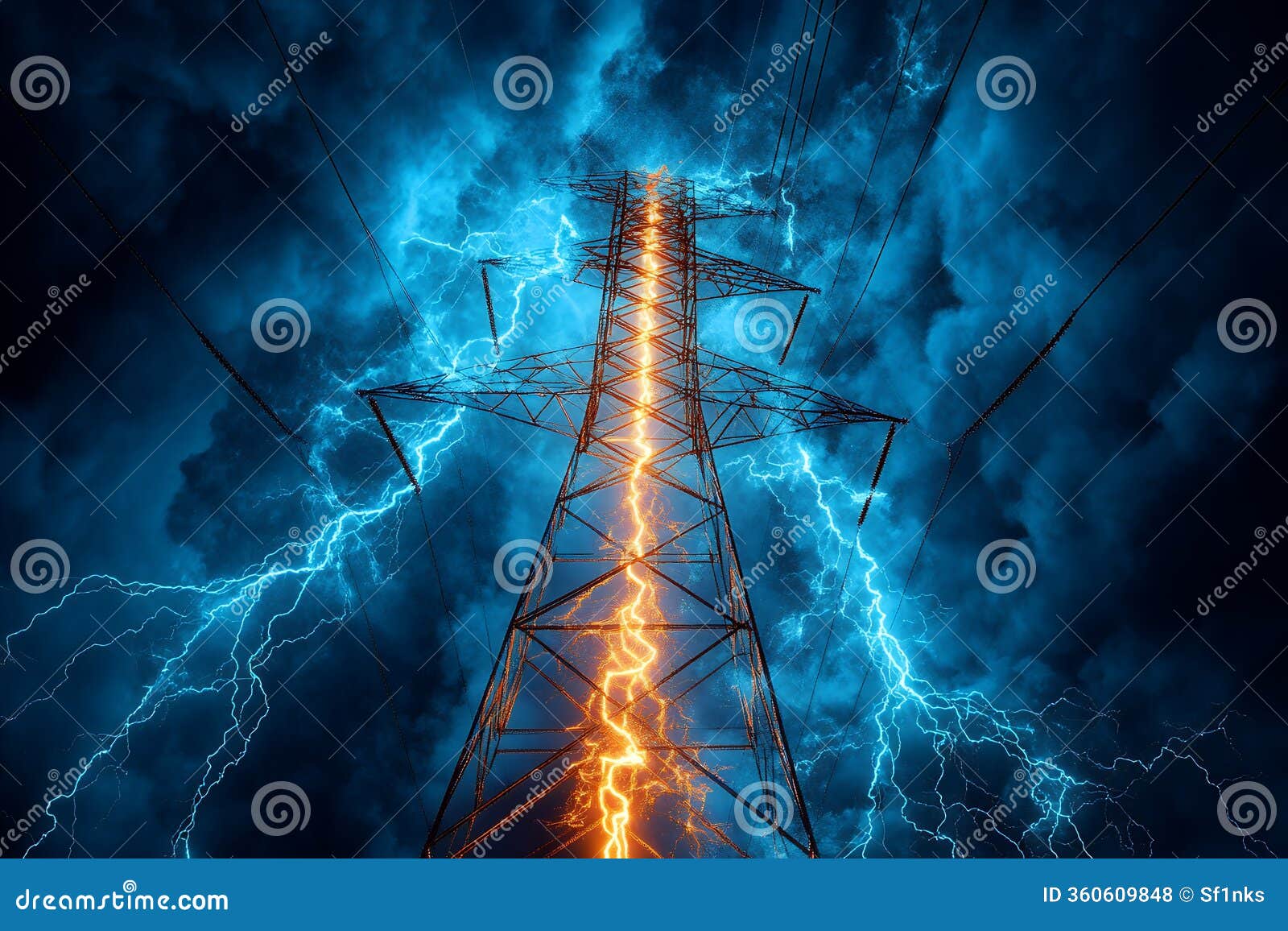 A Powerful Lightning Strike Hits a High-voltage Electricity Pylon ...
