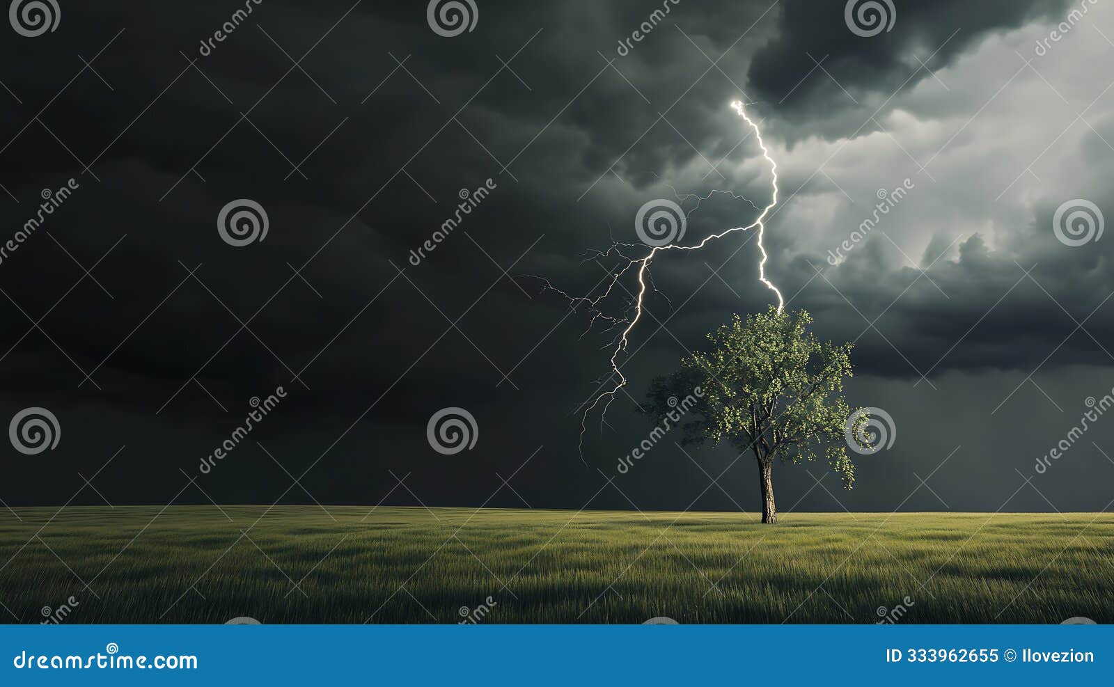 A Powerful Lightning Strike Hitting a Lone Tree in an Open Field, with ...