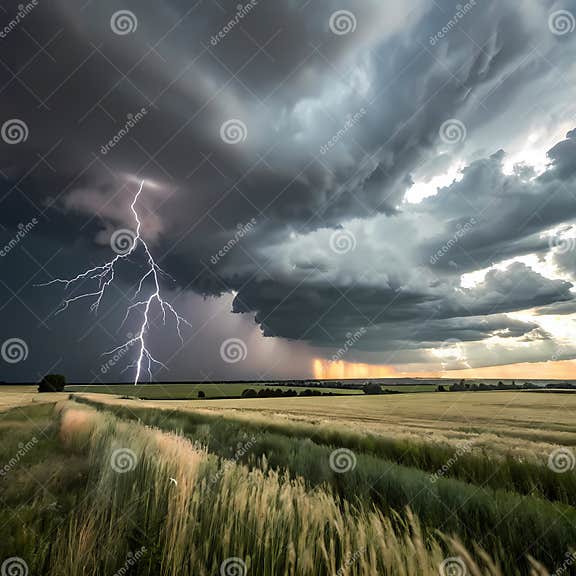 Dramatic Thunderstorm with Lightning Striking Over Open Field Landscape Stock Illustration ...